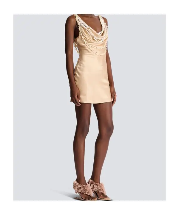 Balmain Silk Shell Dress With Embellished Neckline - Beige
