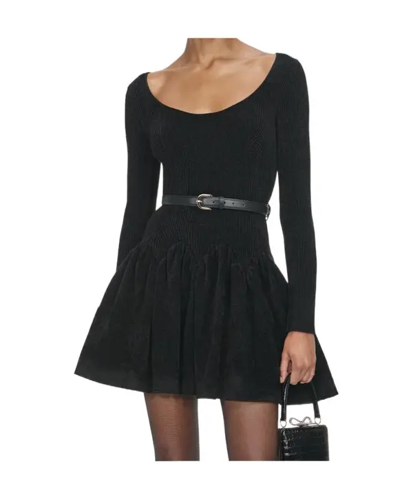 SELF-PORTRAIT Ribbed Belted Dress - Black
