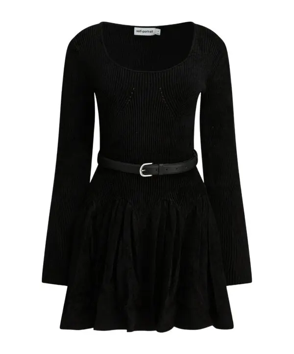 SELF-PORTRAIT Ribbed Belted Dress