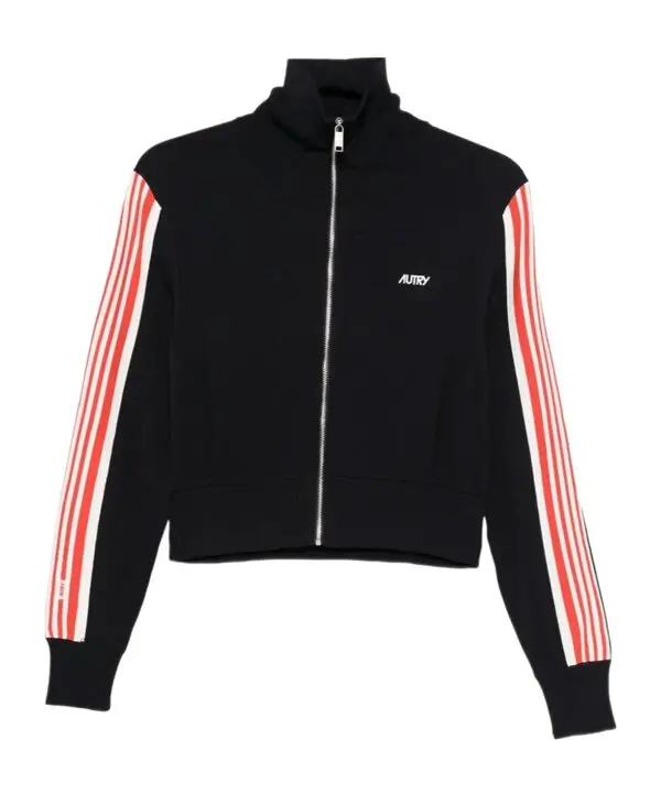 AUTRY Cropped Zip-up Sweatshirt With Striped Sleeves - Black