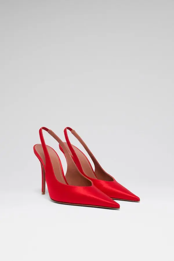 Amina Muaddi Anok Sling 105 Satin Pointed Toe Stiletto Heels - Red