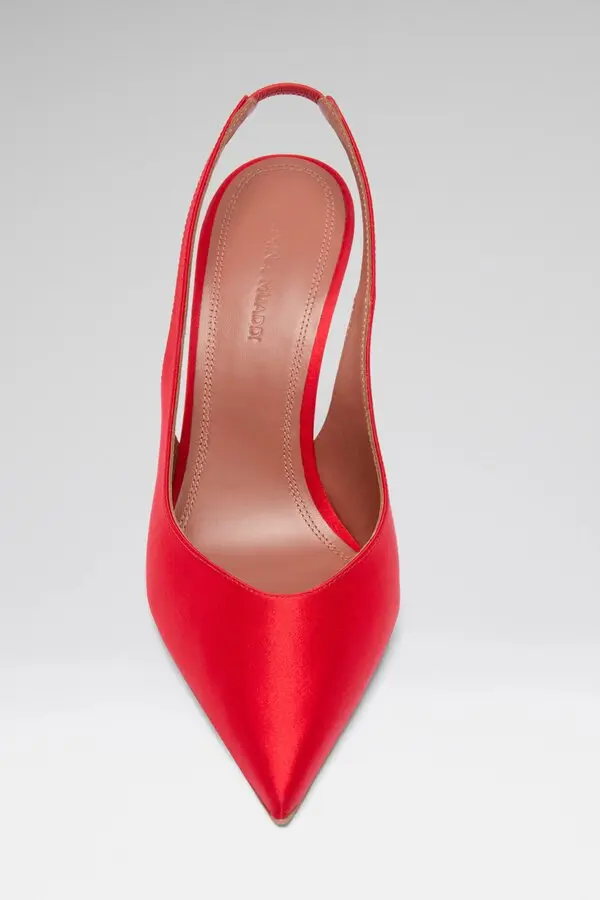 Amina Muaddi Anok Sling 105 Satin Pointed Toe Stiletto Heels - Red
