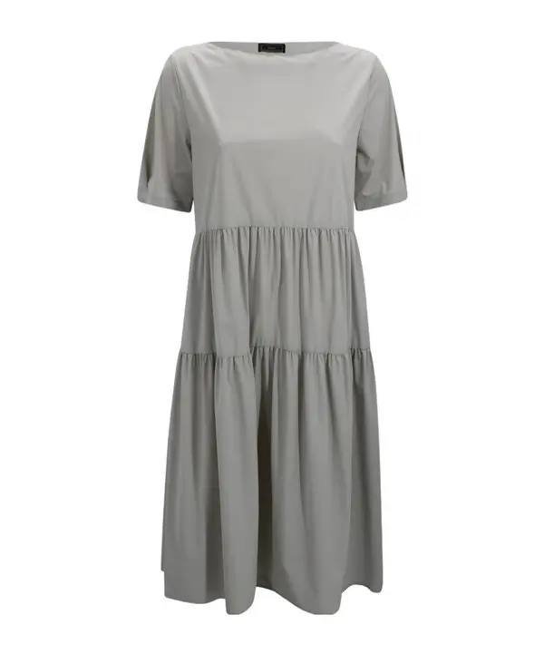 Herno Tiered Midi Dress With Round Neck And Short Sleeves