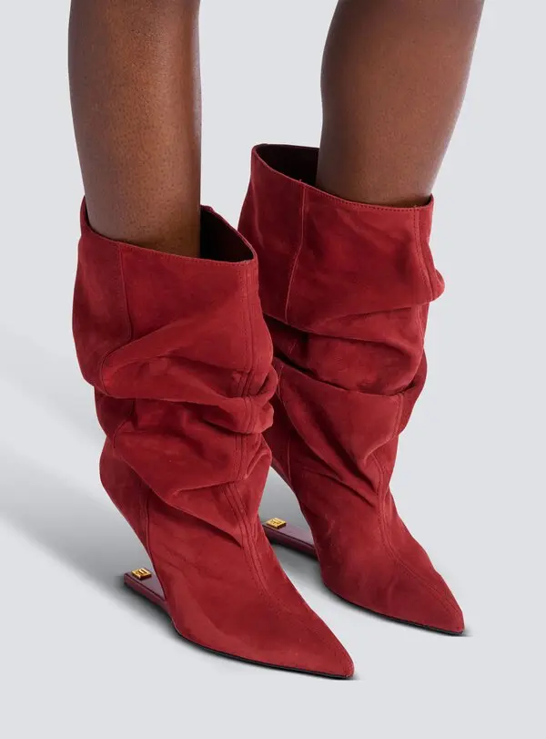 Balmain Suede Wedge Ankle Boots With Logo Detail - Red