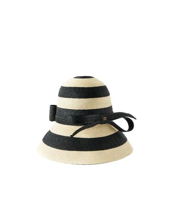 Valentino Garavani Vlogo Signature Bow Embellished Striped Straw Sunhat - Black