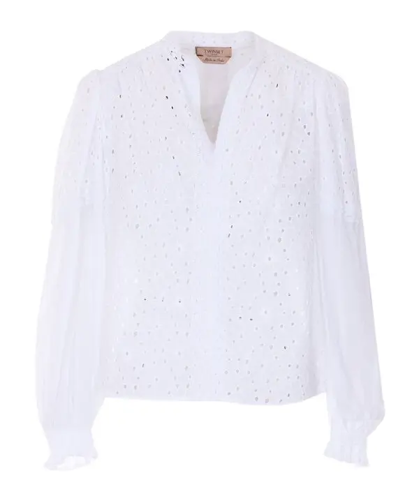 TWINSET Broderie V-neck Long Sleeve Top - White