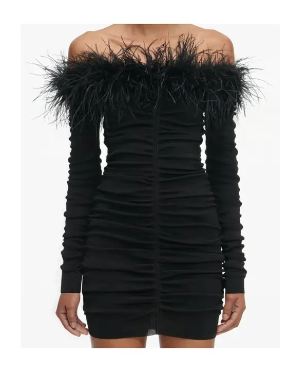 SELF-PORTRAIT Feather Trim Off-shoulder Mini Dress