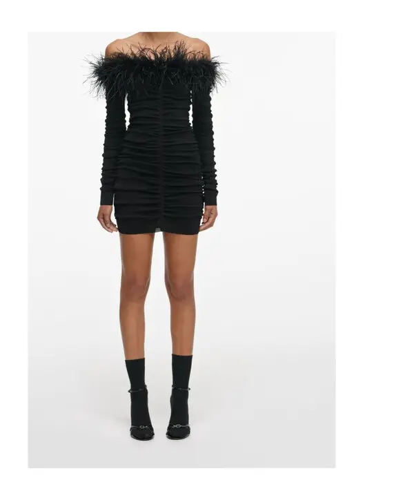 SELF-PORTRAIT Feather Trim Off-shoulder Mini Dress