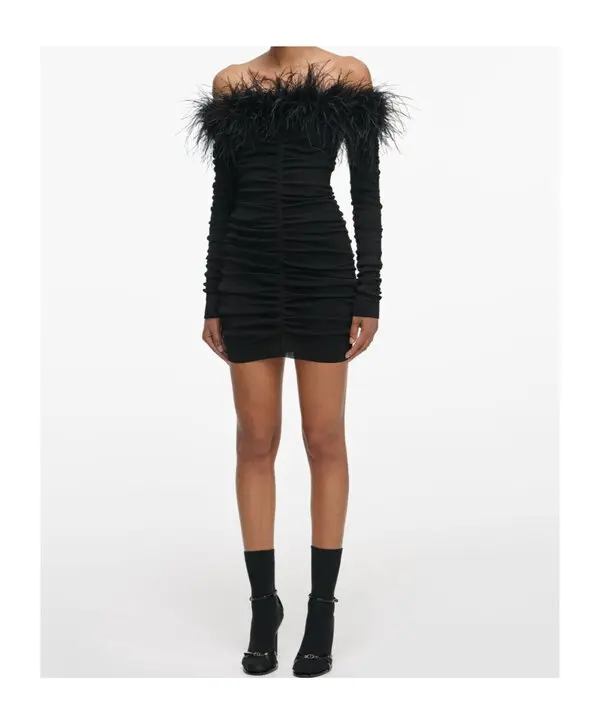 SELF-PORTRAIT Feather Trim Off-shoulder Mini Dress