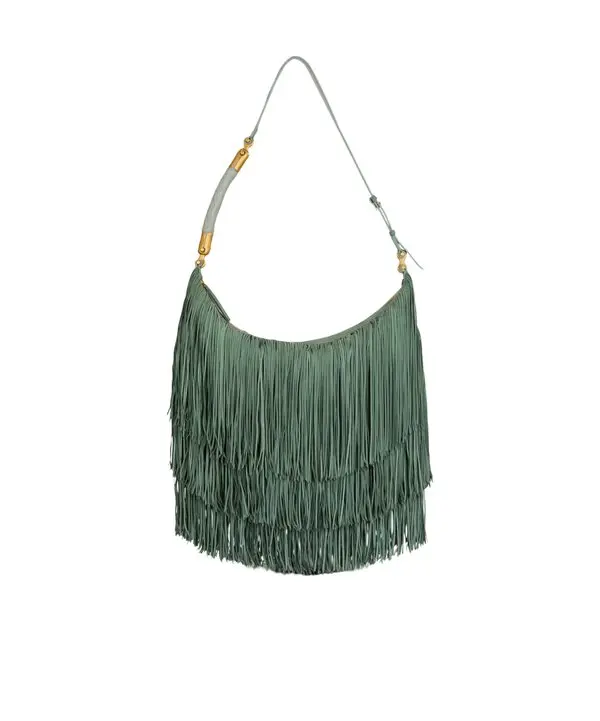 Balmain Bène Hobo Large Fringed Suede Bag - Green