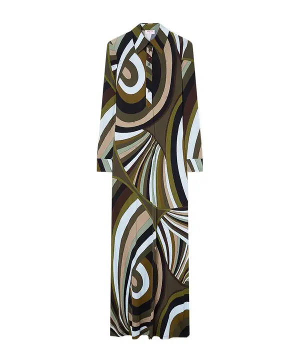 Emilio Pucci Iride Printed Long-sleeved Maxi Dress - Khaki And Blue