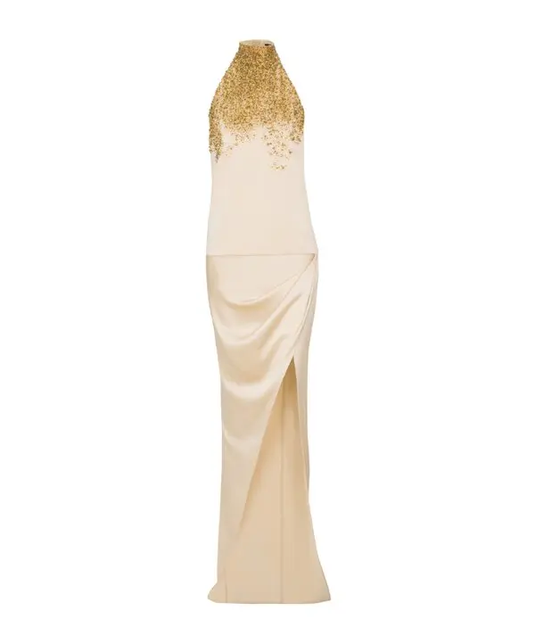 Balmain Silk Halterneck Maxi Dress With Sand Effect Embroidery