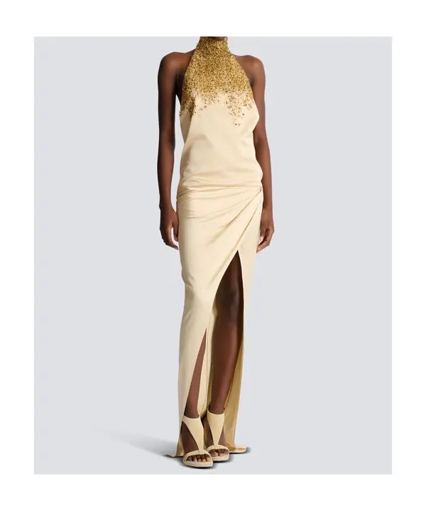 Balmain Silk Halterneck Maxi Dress With Sand Effect Embroidery