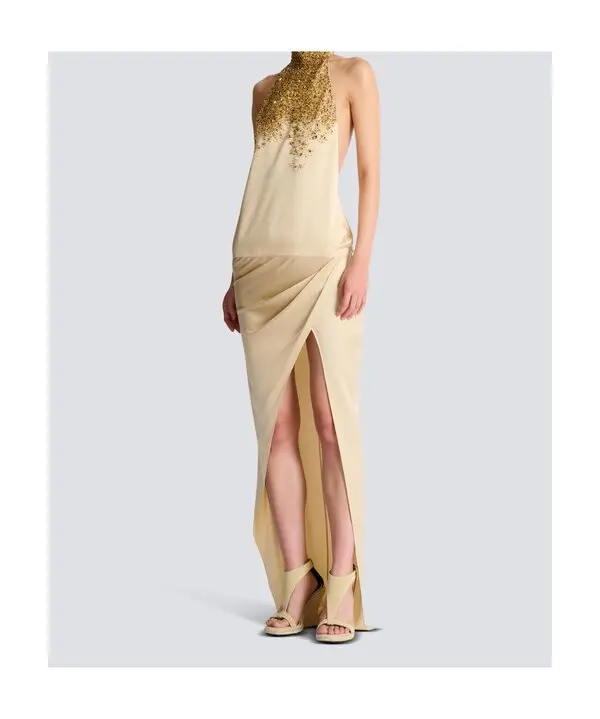 Balmain Silk Halterneck Maxi Dress With Sand Effect Embroidery