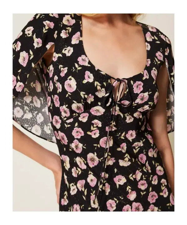 TWINSET Long Floral Print Dress With Side Zipper - Black