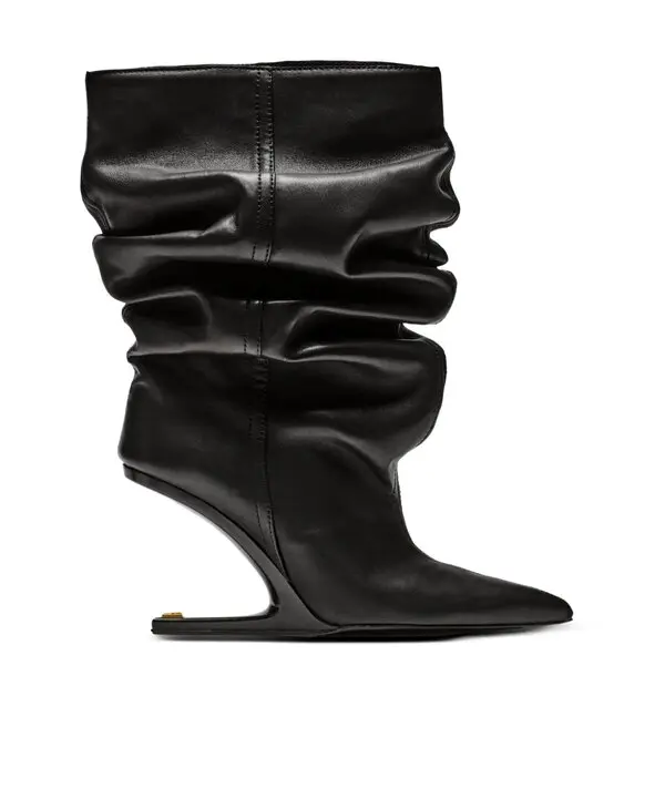 Balmain Leather Ruched Wedge Ankle Boots - Black