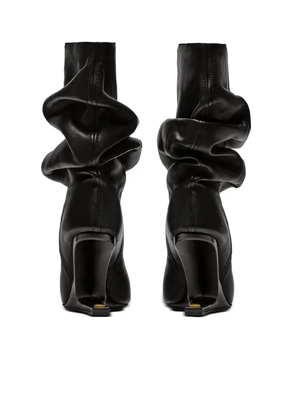 Balmain Leather Ruched Wedge Ankle Boots - Black