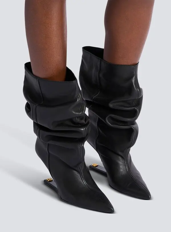 Balmain Leather Ruched Wedge Ankle Boots - Black