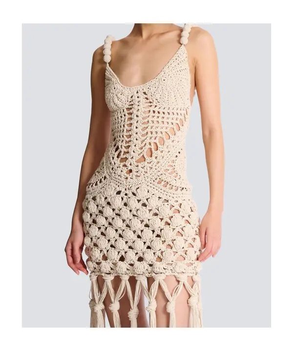 Balmain Crochet Fringe Knitted Dress - Beige