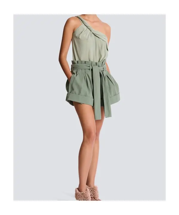 Balmain Pleated Belted High-waist Shorts - Gray