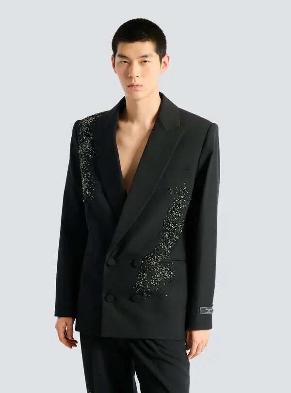 Balmain Wool Blazer With Sand Effect Amethyst Embroidery