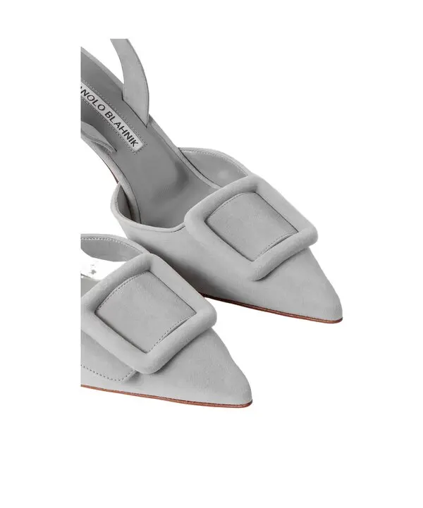 Manolo Blahnik Buckled Suede Slingback Pumps - Gray