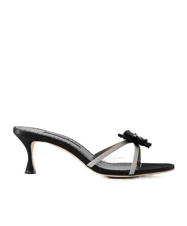 Manolo Blahnik Grosgrain Floral Appliqué Mules