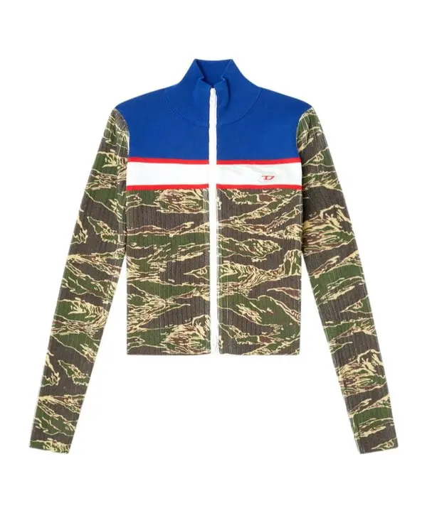 DIESEL® Tiger-print Zip-up Ribbed Sweater - Blue/green