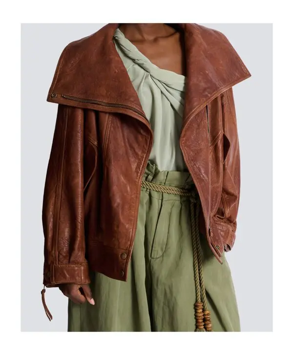 Balmain Oversized Leather Jacket With Stand Collar - Brown