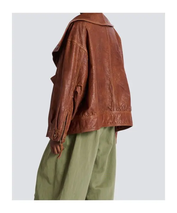 Balmain Oversized Leather Jacket With Stand Collar - Brown