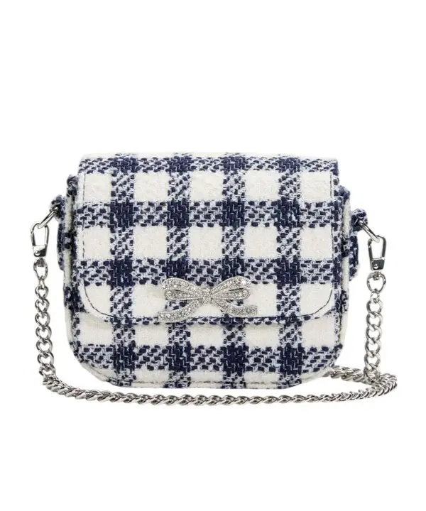 SELF-PORTRAIT Check Bow Chain Cross Body Bag - Navy Blue