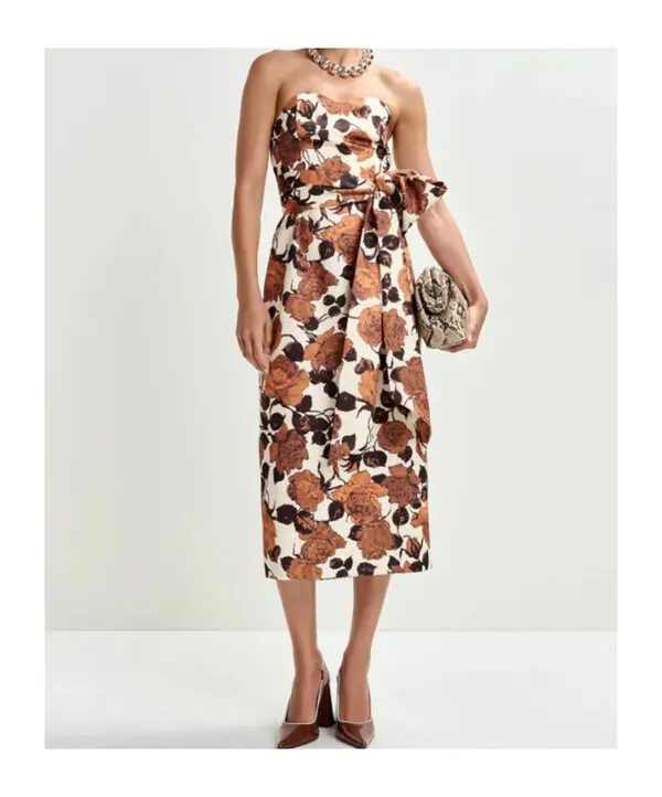 Essentiel Antwerp Floral Strapless Dress With Belted Waist