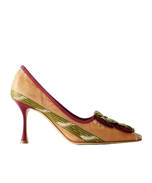 Manolo Blahnik Appliquéd Embroidered Striped Satin Pumps - Brown