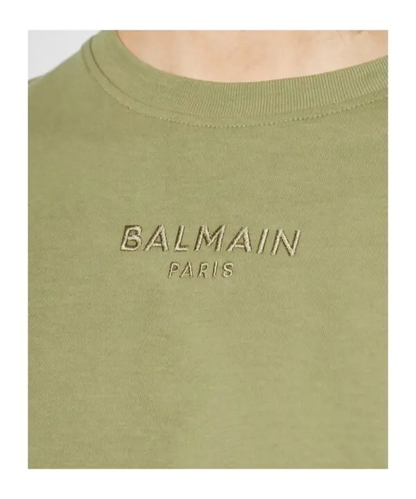 Balmain Logo Embroidered Cropped T-shirt - Green