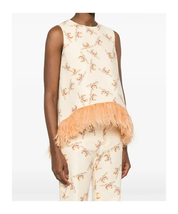 La DoubleJ Sleeveless Floral Print Top With Feather Fringe - White