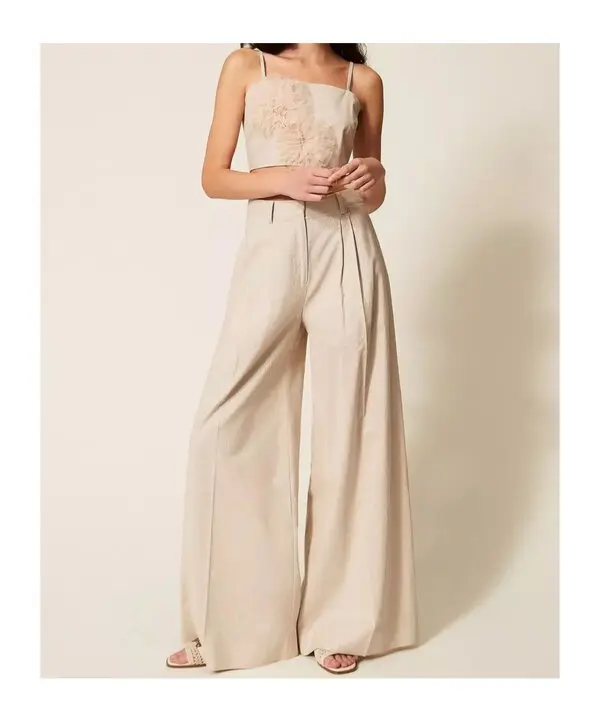 TWINSET Pleated Palazzo Trousers With Metallic Finish - Nude
