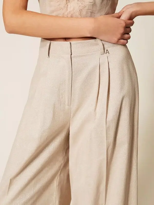 TWINSET Pleated Palazzo Trousers With Metallic Finish - Nude