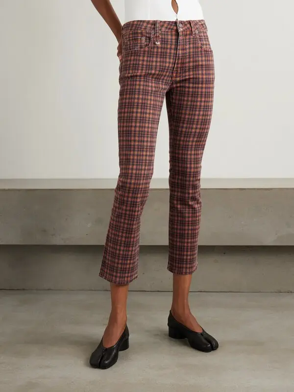 R13 Kick Fit Cropped Checked High-rise Flared Jeans - Brown