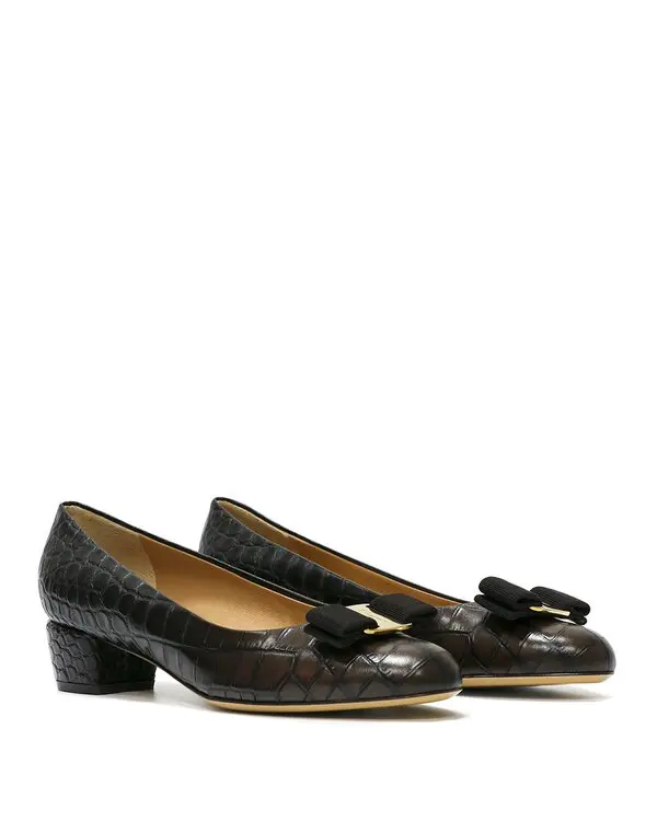 FERRAGAMO Round Toe High Heel Pumps With Bow Detailing - Black