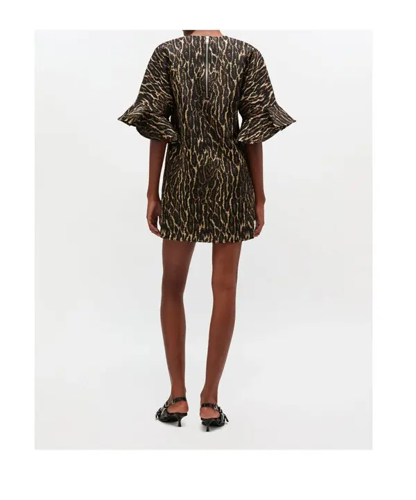 GANNI Metallic Jacquard Mini Dress With Ruffled Sleeves
