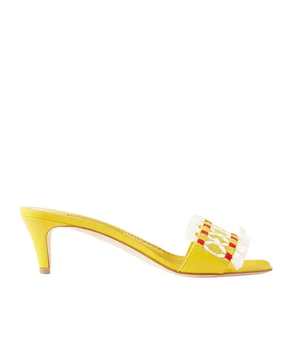 Manolo Blahnik Raffia-trimmed Leather Mules