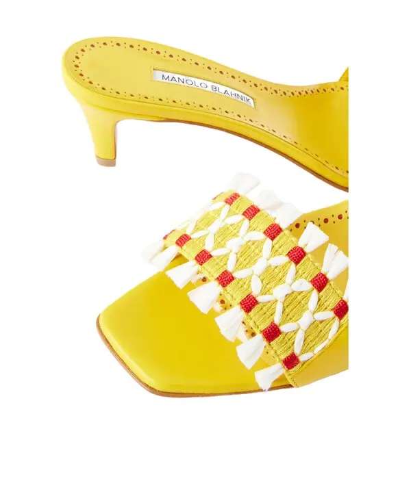 Manolo Blahnik Raffia-trimmed Leather Mules