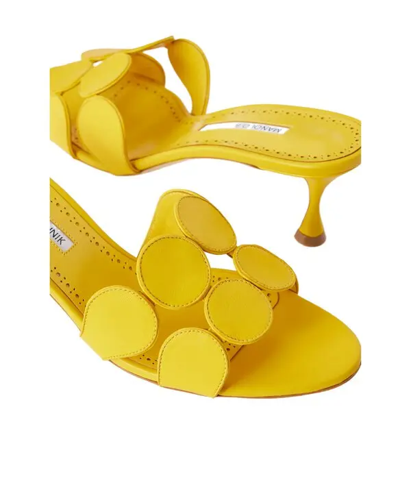 Manolo Blahnik Leather Geometric Cutout Strappy Heeled Mules - Yellow