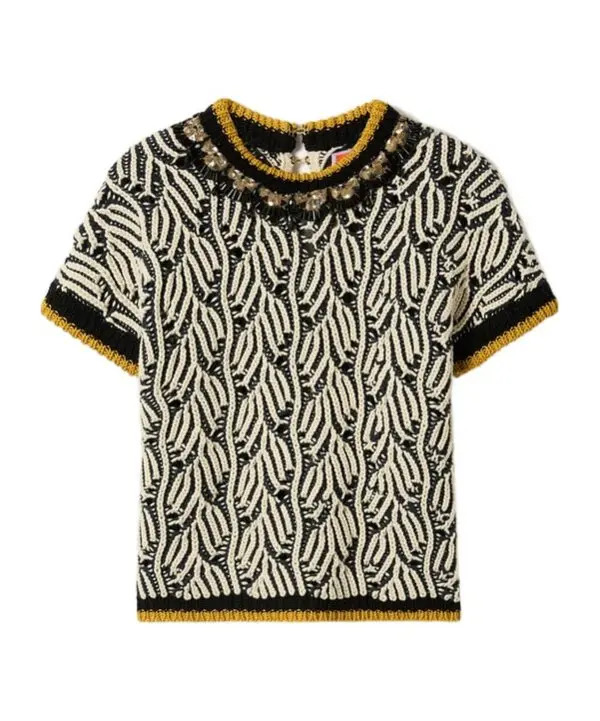 La DoubleJ Embellished Collar Patterned Top - Navy Blue And Off-white