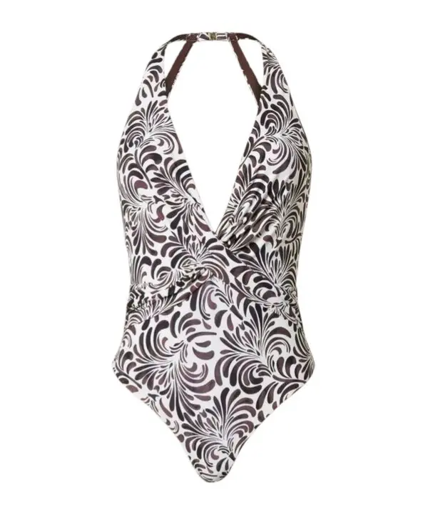 TWINSET Floral Print One Piece Swimsuit With Deep Crossover Neckline - Gray