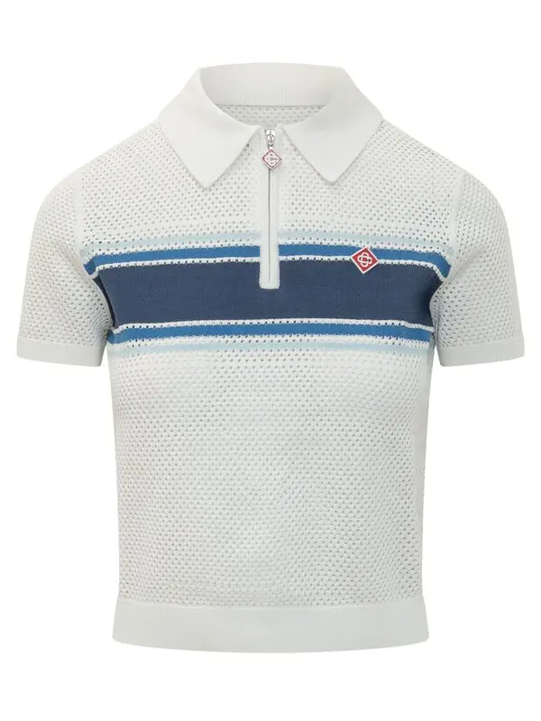 Casablanca Mesh Stripe Zip Polo Top - White