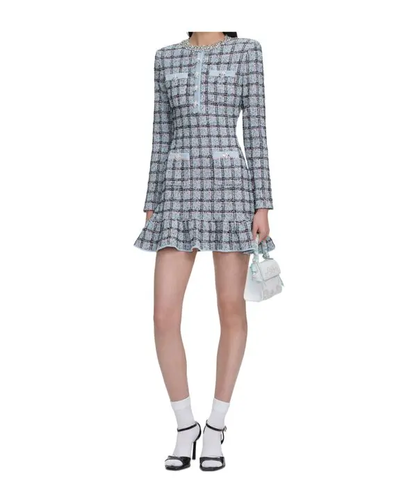 SELF-PORTRAIT Check Knit Mini Dress With Rhinestone Embellishments - Gray