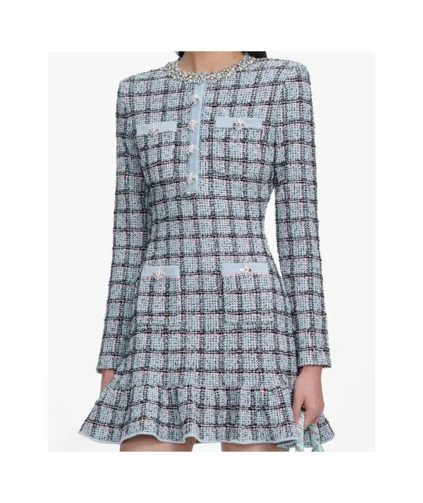 SELF-PORTRAIT Check Knit Mini Dress With Rhinestone Embellishments - Gray