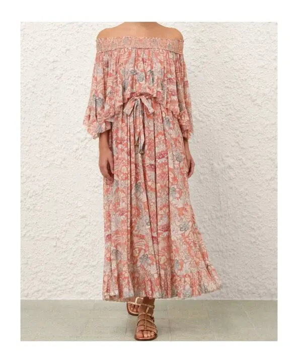 Zimmermann Off-shoulder Ruffled Maxi Dress With Graphic Print