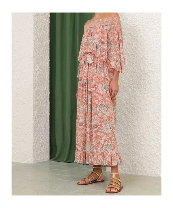 Zimmermann Off-shoulder Ruffled Maxi Dress With Graphic Print